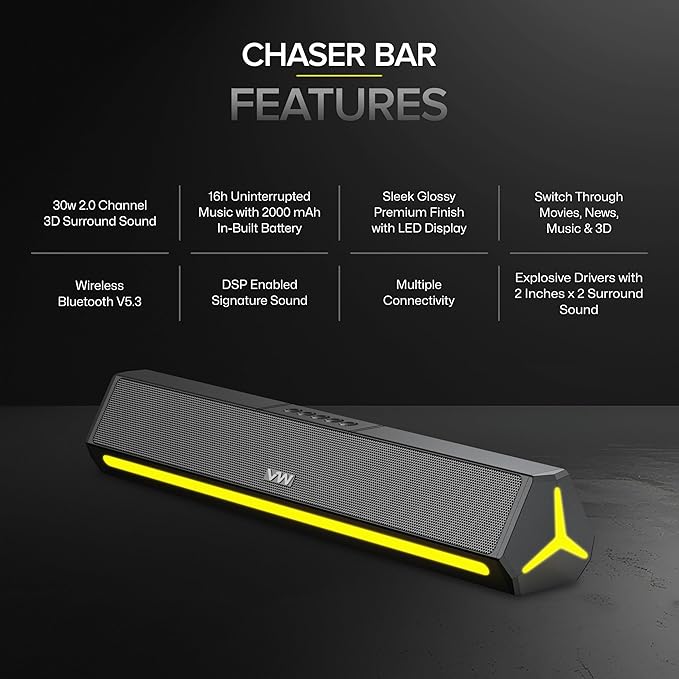 VW Chaser Bar | 30W Bluetooth SoundBar | 2.0 Channel | Multiple Connec ...